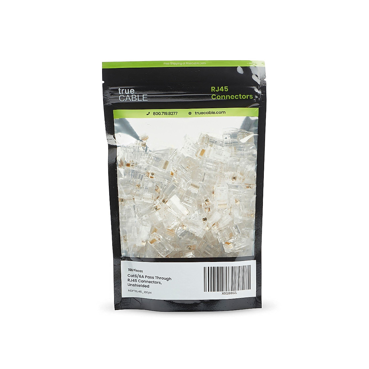 trueCABLE Cat6/6A RJ45 Pass Through Connectors, Unshielded (UTP) Modular Plug, UL Listed, EZ Crimp End, Gold Plated 3 Prong 8P8C, 100 Pieces