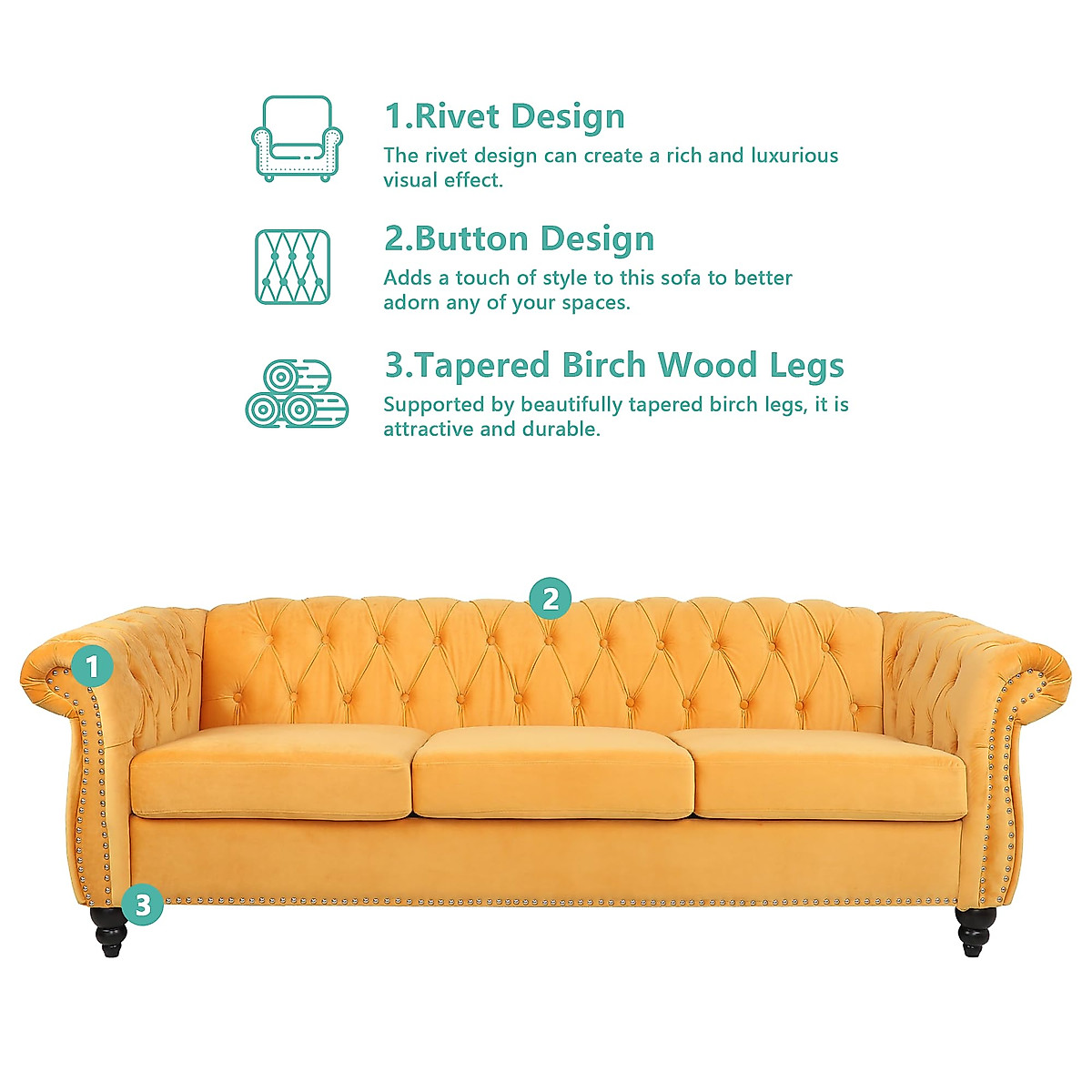 QHITTY Accent Large Sofa, Chesterfield Couch 3 Seater Modern Velvet Couch Upholstered Sofa with Tufted Back for Living Room Furniture (Mango)