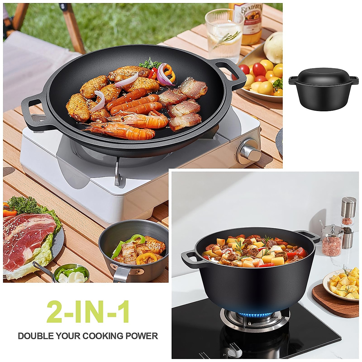 RAINBEAN 2-in-1 Pre-Seasoned Cast Iron Dutch Oven Pot with Skillet Lid Cooking Pan,5.5 QT Dual Handles Dutch Oven Pot with Lid,Heavy-Duty Non-stick Round Dutch Oven for Bread Baking, Stewing, Roasting