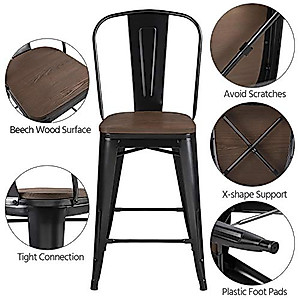 Yaheetech 24Inch Seat Height Style Dining Stools Chairs with Wood Seat/Top and High Backrest, Industrial Metal Counter Height Stool, Modern Kitchen Dining Bar Chairs Rustic, Black, Set of 4