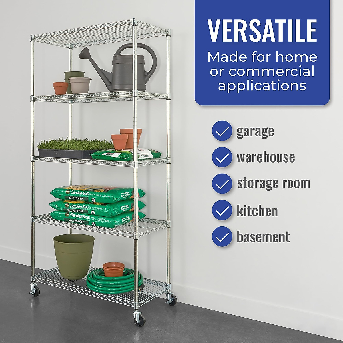 SafeRacks NSF Certified Storage Shelves, Heavy Duty Steel Wire Shelving Unit with Wheels and Adjustable Feet, Used as Pantry Shelf, Garage or Bakers Rack Kitchen Shelving - (18"x36"x72" 5-Tier)