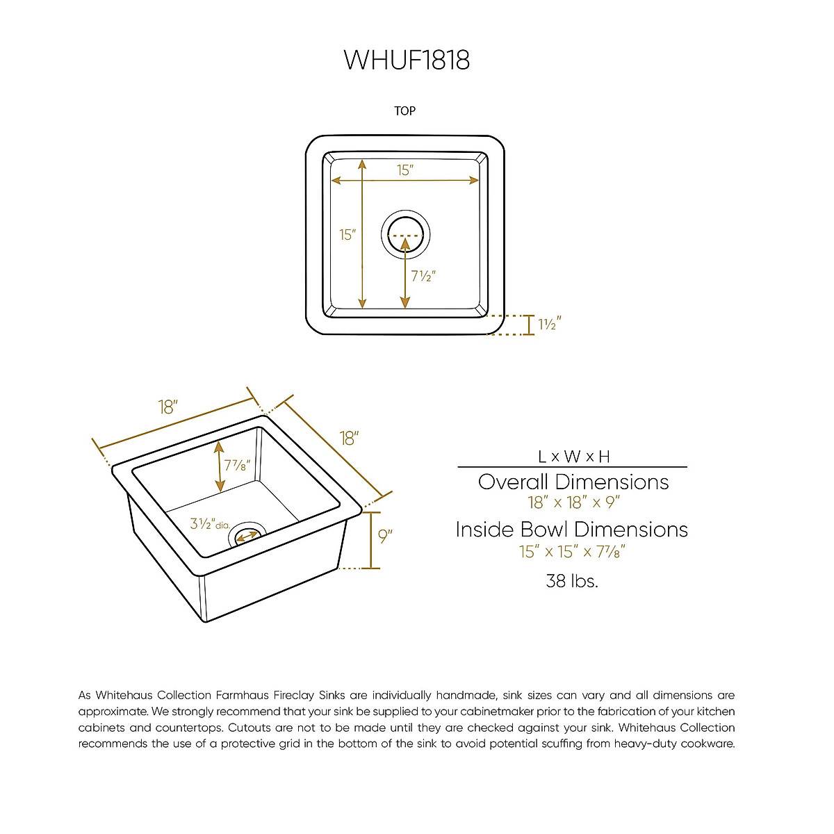 Whitehaus Collection WHUF1818 Undermount/Drop-in Fireclay Kitchen Sinks, Stainless Steel Grid Included