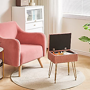 YMYNY Vanity Stool Chair with Storage, Square Velvet Ottoman Foot Stool, Modern Multifunctional Makeup Stool for Bedroom, Living Room, Office, Gold Legs, 18.9 * 15.75 * 11.6", Pink, UHBD024P