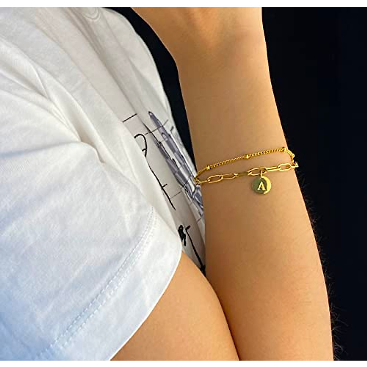 JoycuFF Gold Bracelets for Women 118K Gold Plated Coin Initial Beaded Chain Layered Charm Bracelets Unique Valetien's Day Wedding Gifts for Girlfriend Wife Fiancee Jewelry for Her Letter A