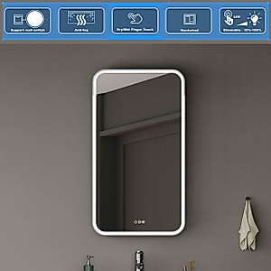 tunuo 20”W x 36”H Medicine Cabinets for Bathroom with LED Mirror, Black Round Corner Surface Mounted Medicine Cabinets with Defogger, Dimmer, Outlets & USB, Single Door