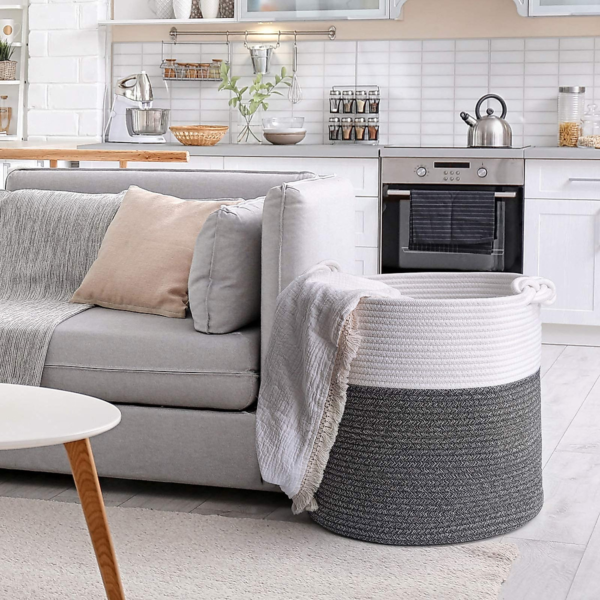 INDRESSME Grey XXXL Large Storage Basket Baby Nursery Basket and Large Woven Blanket Basket with Handles (Set of 2)