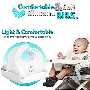 Silicone Baby Bibs (2 Pack), Soft Comfortable Adjustable Waterproof Bib, Unisex Easily Clean Bibs With Food Catcher For Babies And Toddlers. Modern Gender Neutral Colors: Grey & White.