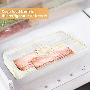 Quixleen Bacon Container for Refrigerator with Food Serving Tong and Small Square Storage Box Bacon Keeper with Sealing Lid Draining Plate Recording Function on the Lid