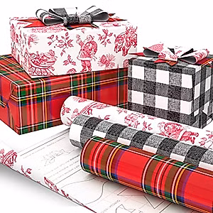 Hallmark Holiday Wrapping Paper with Cutlines and Optional DIY Bow Templates on Reverse (3 Rolls: 120 Sq. Ft. Ttl) Red Toile, Black and White Buffalo Check, Christmas Plaid