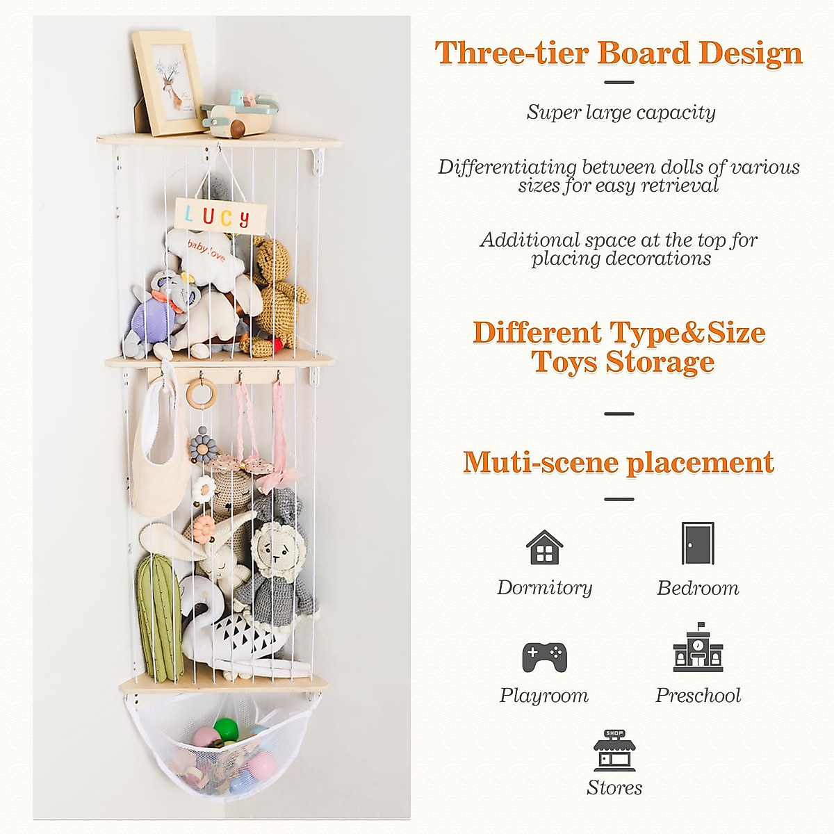 Stuffed Animal Storage Wood Soft Toy Shelf with Hooks and Mesh Organizer 3-in-1 Splice and Length Adjustable Hanging Stuffed Animal Zoo Toy Organizer Shelf for Nursery Play Room Bedroom Kid Room