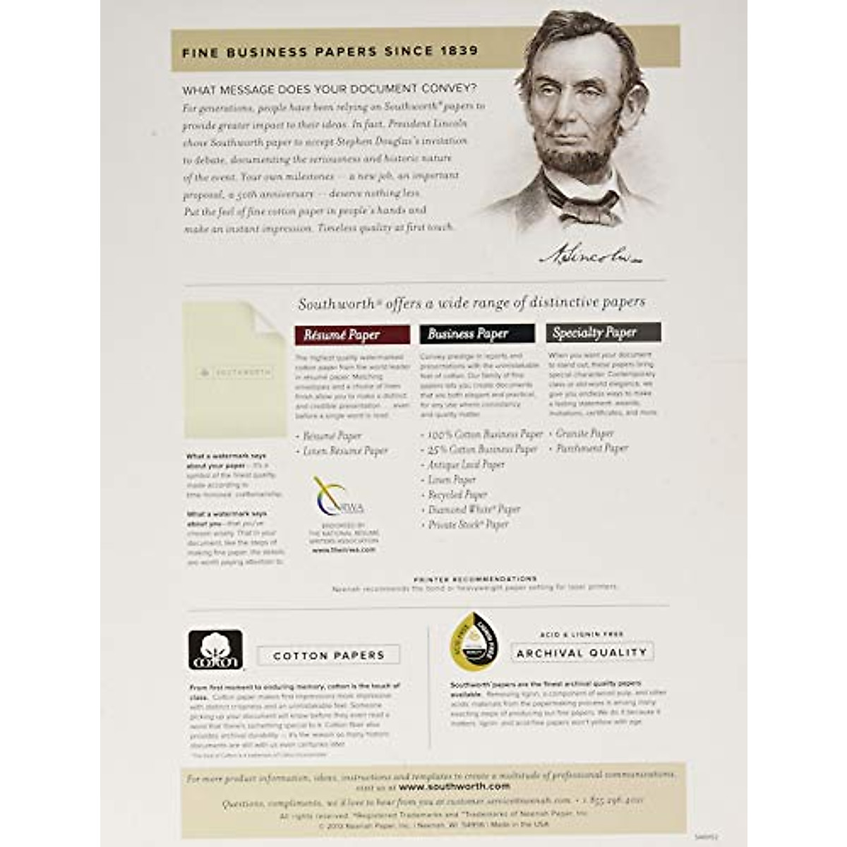 100% Cotton Resume Paper, 32lb, 95 Bright, 8 1/2 x 11, White, 100 Sheets