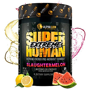 ALPHA LION Superhuman Extreme, Extreme Energy Pre-Workout Formula, Intense, Sustained Energy and Focus, Elevated Nitric Oxide, Maximum Pumps & Nutrient Delivery (21 Servings, Slaughtermelon)