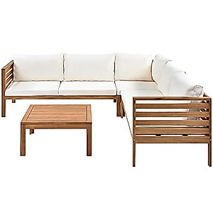 XD Designs 4 Piece Outdoor Patio Furniture Set, Acacia Wood Sectional Sofa w/Seat Cushions, Patio Sectional Conversation Seat with Couches and Coffee Table Beige Cushions