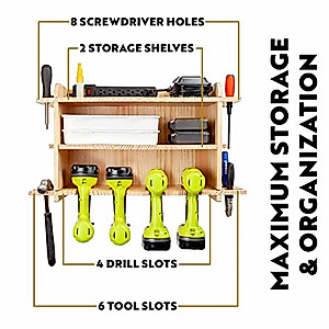 LampLighter Creations Power Tool Organizer & Drill Storage Rack - Cordless Charging Station Tool Organizer - Drill Holder Wall Mount - Easy Assembly 16.75x13x7” (Unfinished Pine)
