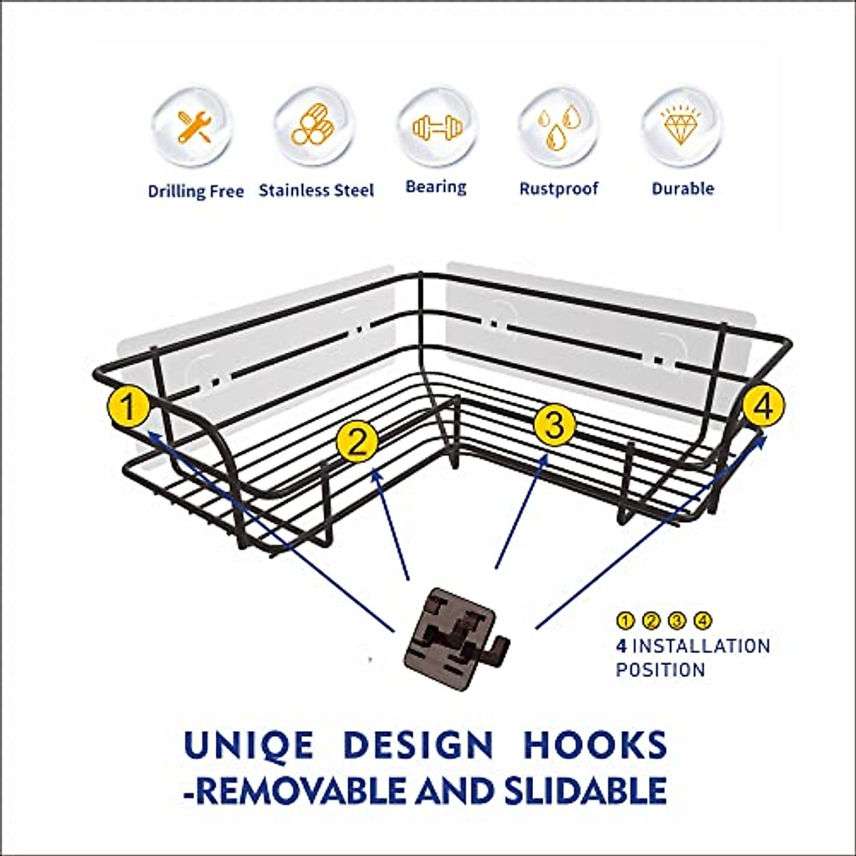 2-Pack Adhesive Corner Shower Caddy, Shower Shelf With 4 Removeable Razor Hooks and 1 Pack Adhesive Soap Dishes, No Drilling Rustproof Stainless Steel Eaeregs Shower Organizer for Inside Shower(Matte Black，Round wire style)