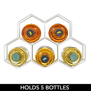 mDesign Metal Honeycomb Tiered Wine Rack - Minimalist Bottle Holder for Kitchen Countertop, Pantry, or Refrigerator Space - Wine, Beer, Pop/Soda, Water Bottles, and Juice, Holds 5 Bottles, Matte White