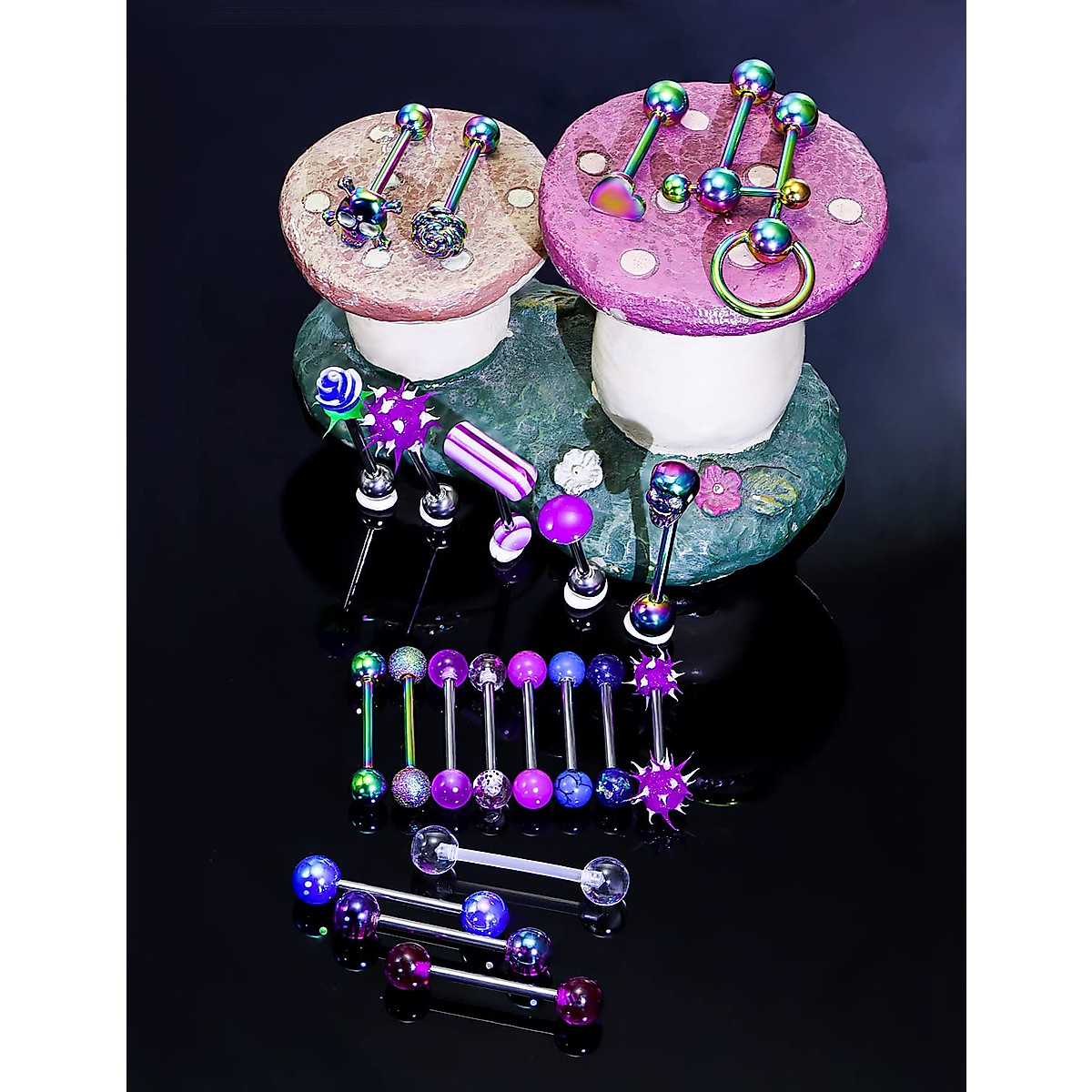 Leiainely Tongue Rings Piercing Jewelry for Women Men Work 14g 14 Gauge Cute Green Rainbow Surgical Stainless Steel Metal Clear Plastic Acrylic Rubber para La Lengua Aretes Tounge Barbell Balls Set