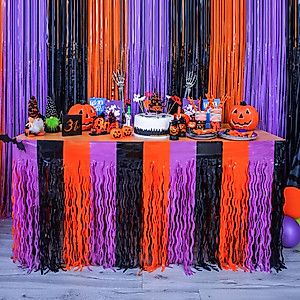 LOLStar Halloween Party Decorations 2 Pack Orange Purple and Black Wavy Metallic Tinsel Foil Fringe Table Skirts for Rectangle and Round Table, Perfect Table Decorations for Halloween Party