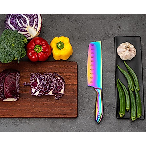 WELLSTAR Nakiri Knife 7 Inch, Razor Sharp German Stainless Steel Meat Vegetable Cleaver, Multi-purpose Asian Kitchen Knife for Home Chef’s Cooking with Rainbow Titanium Coating, Strong Durable Handle