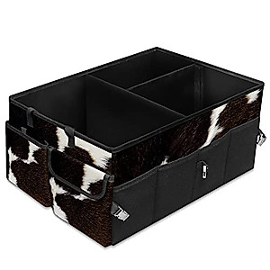 GACTIVITY Black And White Cowhide Car Trunk Organizer,Collapsible Cargo Storage Tote Bag,Non Slip,3 Divider Compartments, Automotive Interior Accessories for Auto SUV Truck Vehicle Picnic Camping