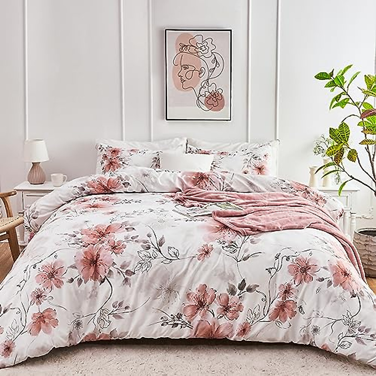 DESIHOM 3 Pieces Floral Duvet Cover Queen Size Light Pink Flower Duvet Covers Set Coquette Spring Duvet Cover with Zipper Comforter Cover Queen Size Pink Bedding Set