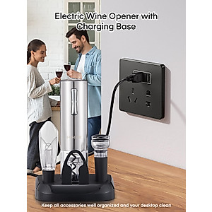 FOHERE Electric Wine Opener, Automatic Electric Wine Bottle Corkscrew Opener with Foil Cutter, Wine Aerator Pourer, Vacuum Stopper, and Charging Base, Rechargeable (Stainless Steel)