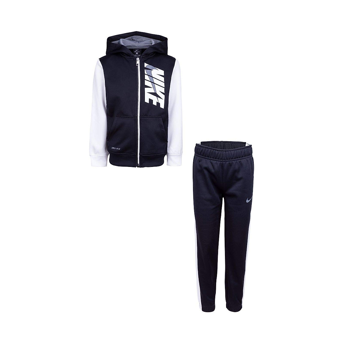 Nike Boy`s Dry Fit Therma Zip Hoodie & Sweatpants 2 Piece Set (White(86G933-W1X)/Black, 2T Toddler)