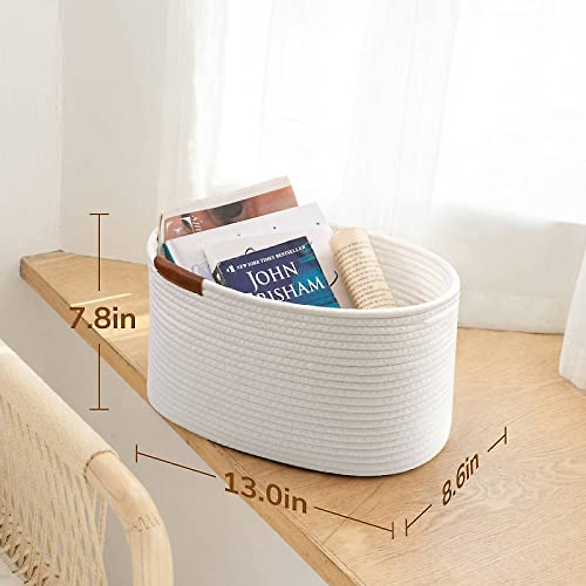 CHICVITA Woven Storage Basket for Shelves, Cotton Rope Dog Toy Bin, Empty Gift Basket with Handles, Small Laundry Baskets for Cloth Towel Shoes, White Oval Basket 3 Packs