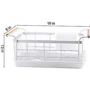 BRIAN & DANY Kitchen Dish Drainer, Drying Rack with Full-Mesh Storage Basket, Wooden Handle, Removable Cutlery Tray