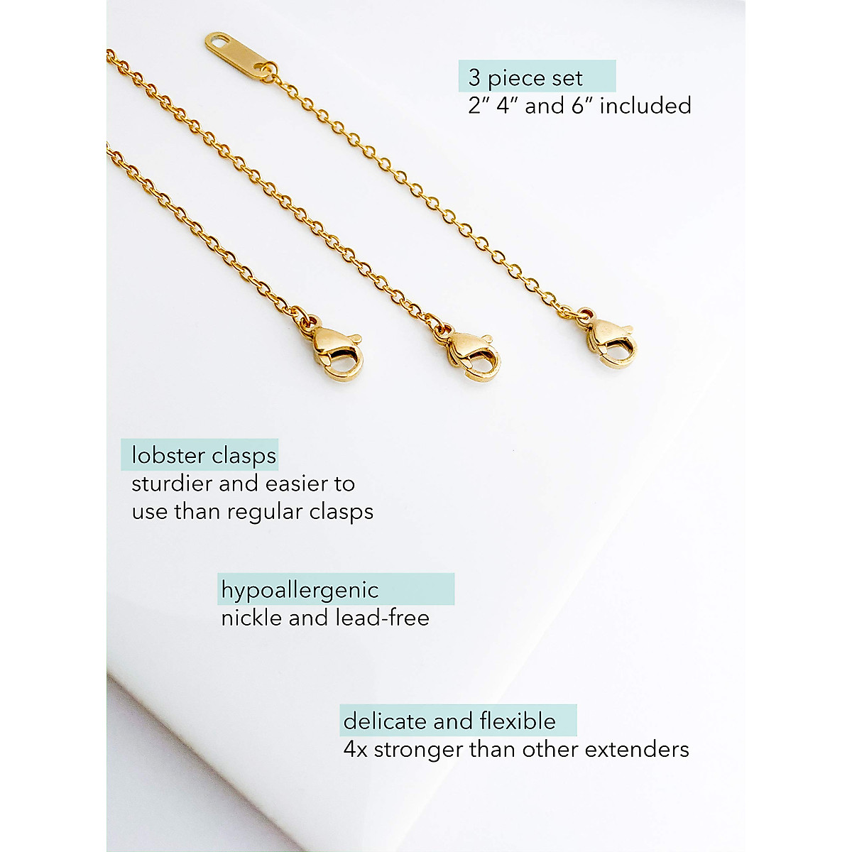 Altitude Boutique 18k Gold Plated Necklace Extenders | Delicate Necklace Extender Chain Set for Women | 3 Piece Set, Hypoallergenic Extensions 2”, 4”, 6” Inches in Gold, Rose Gold, or Silver (Gold)