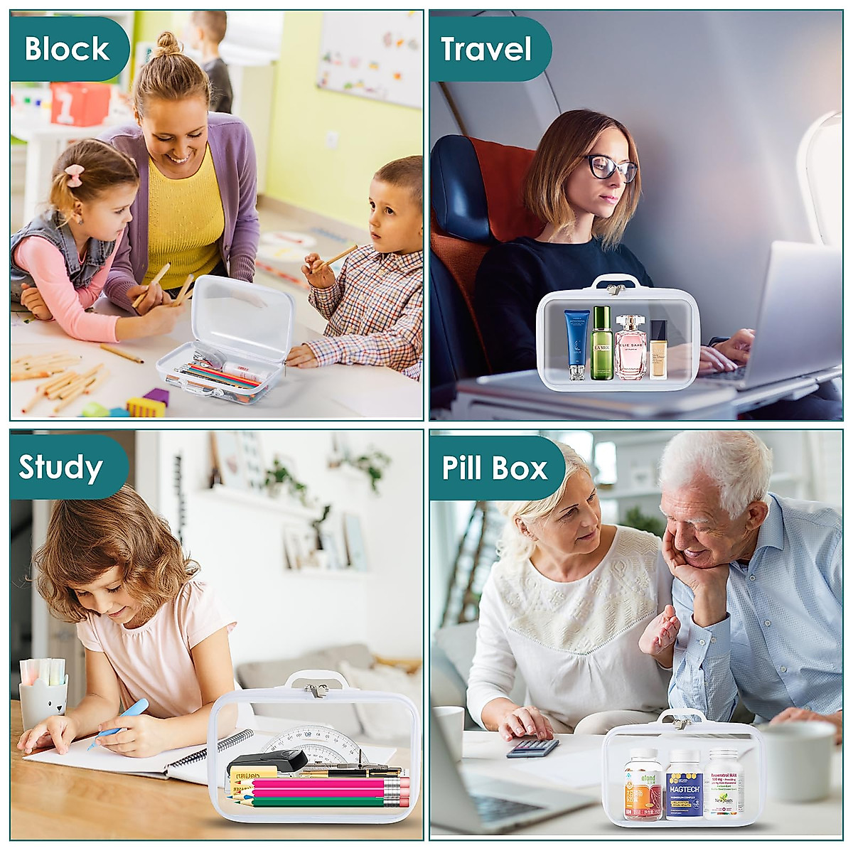 QAVABIN Clear Hard Zipper Pouch, Hard Shell Plastic Organizer Box with Handle, Bliss Zippered Blocks Storage Bins, Hard PVC Cosmetic Travel Bag for Kids Organizing, 8.27x5.12x2.36in, 4Pc