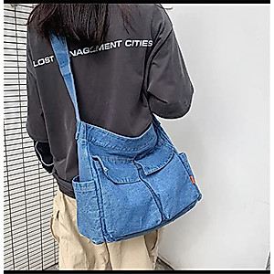 Denim Shoulder Bag Travel Tote for Women Hobo Tote Bag Casual Canvas Bag Retro Crossbody Bag Large Capacity Purse (Blue-A)