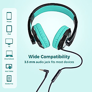 rockpapa Comfort+ Kids Headphones with Microphone, Boys Girls Student Over-Ear Headphones Wired for School Classroom Laptop PC Computer Tablet Black Teal