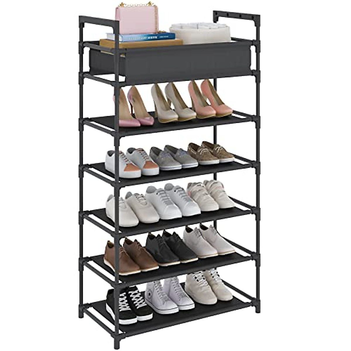 Calmootey 6-Tier Stackable Freestanding Shoe Rack, 2-in-1 Plus Storage Bag Sturdy Shoe Shelf, Non-Woven Fabric Entryway Shoe Shelf with Storage Organizer