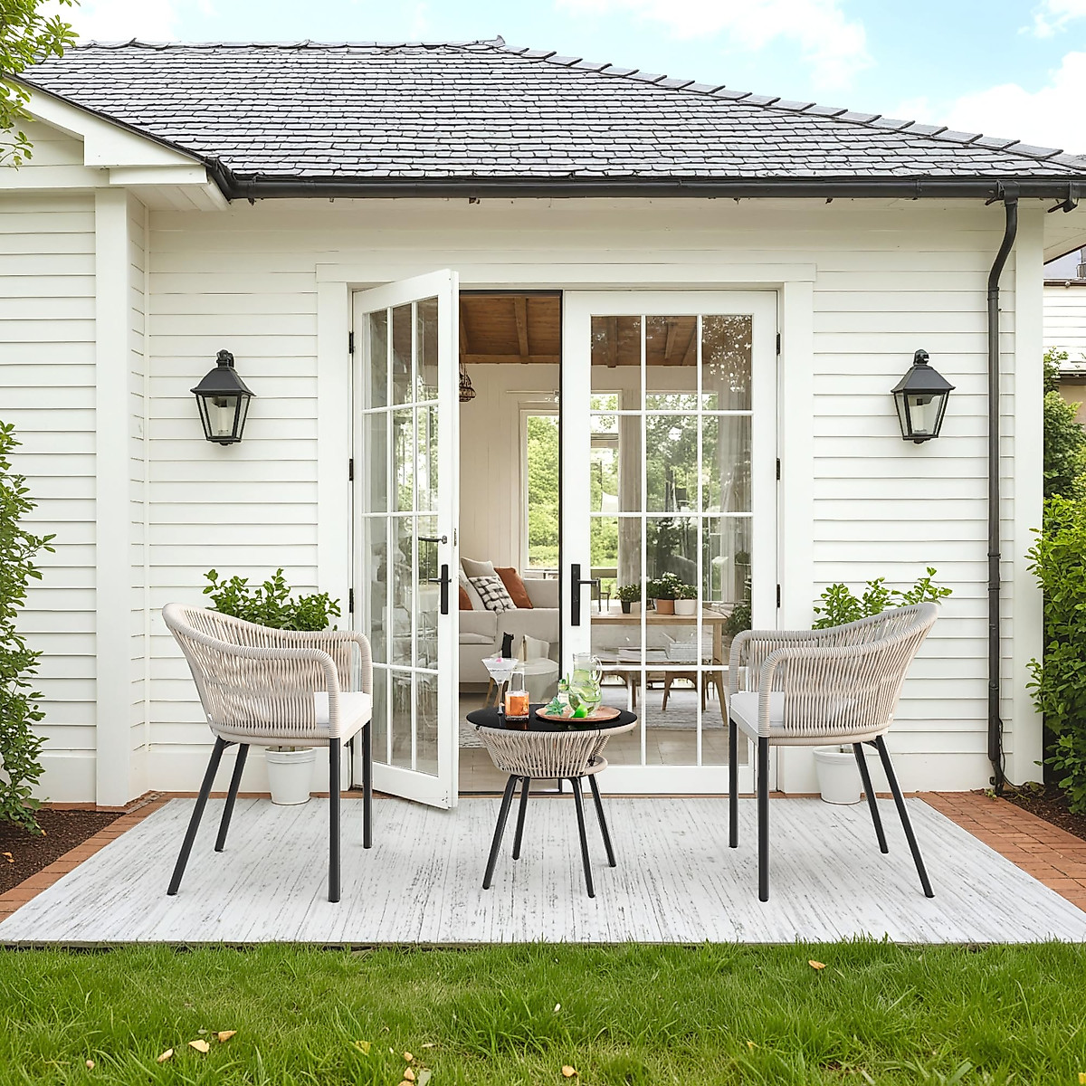 Devoko Patio Furniture Set 3 Pieces Rope Woven Bistro Set Outdoor Conversation Set with 2 Wide Chairs,Cushions and Tempered Glass Table for Balcony Porch Backyard Garden Poolside