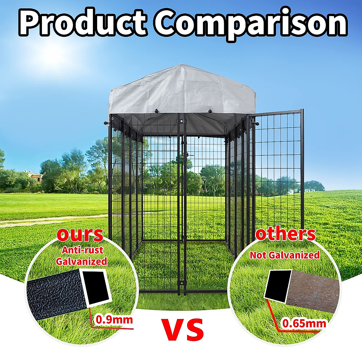 HITTITE Large Outdoor Dog Kennel, Heavy Duty Outdoor Dog Cage, Anti-Rust Dog Pens Outdoor with Waterproof UV-Resistant Cover and Secure Lock for Backyard,8'L x4' W x 6'H（with Roof）
