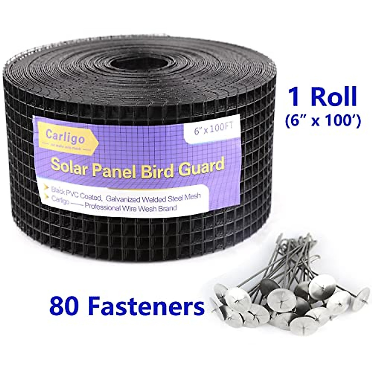Carligo Solar Panel Bird Guard 6" x 100' with 80 Solar Mesh Screen Fastener Clips, Critter Guard for Solar Panels Pigeon Guard for Bird Proofing Solar Panels, Solar Guard, Solar Pigeon Barrier