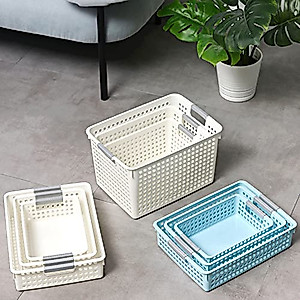 Whale Pocket 6 PCS Plastic Storage Basket, Slim White Organizer Tote Bin Shelf Baskets for Closet Organization, De-Clutter, Toys, Cleaning Products, Accessories 14 x 10x 3.4 in