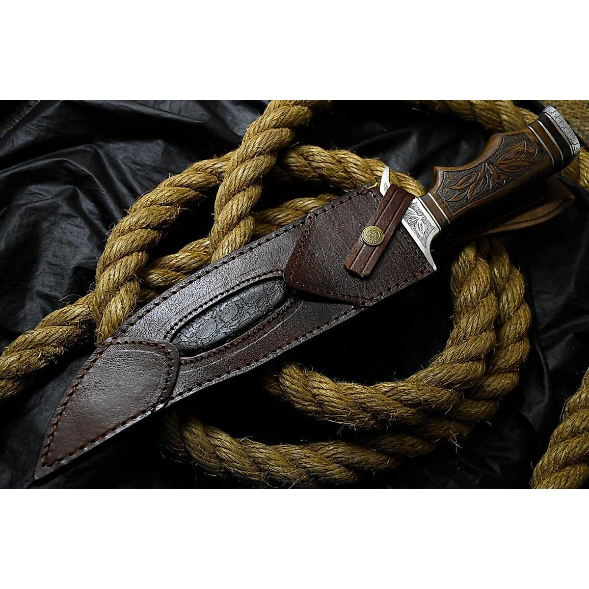 2a's Knives Handmade D2 Steel Bowie Knife with Sheath, This Cutting Knife has Hand Engraved Wood Handle.