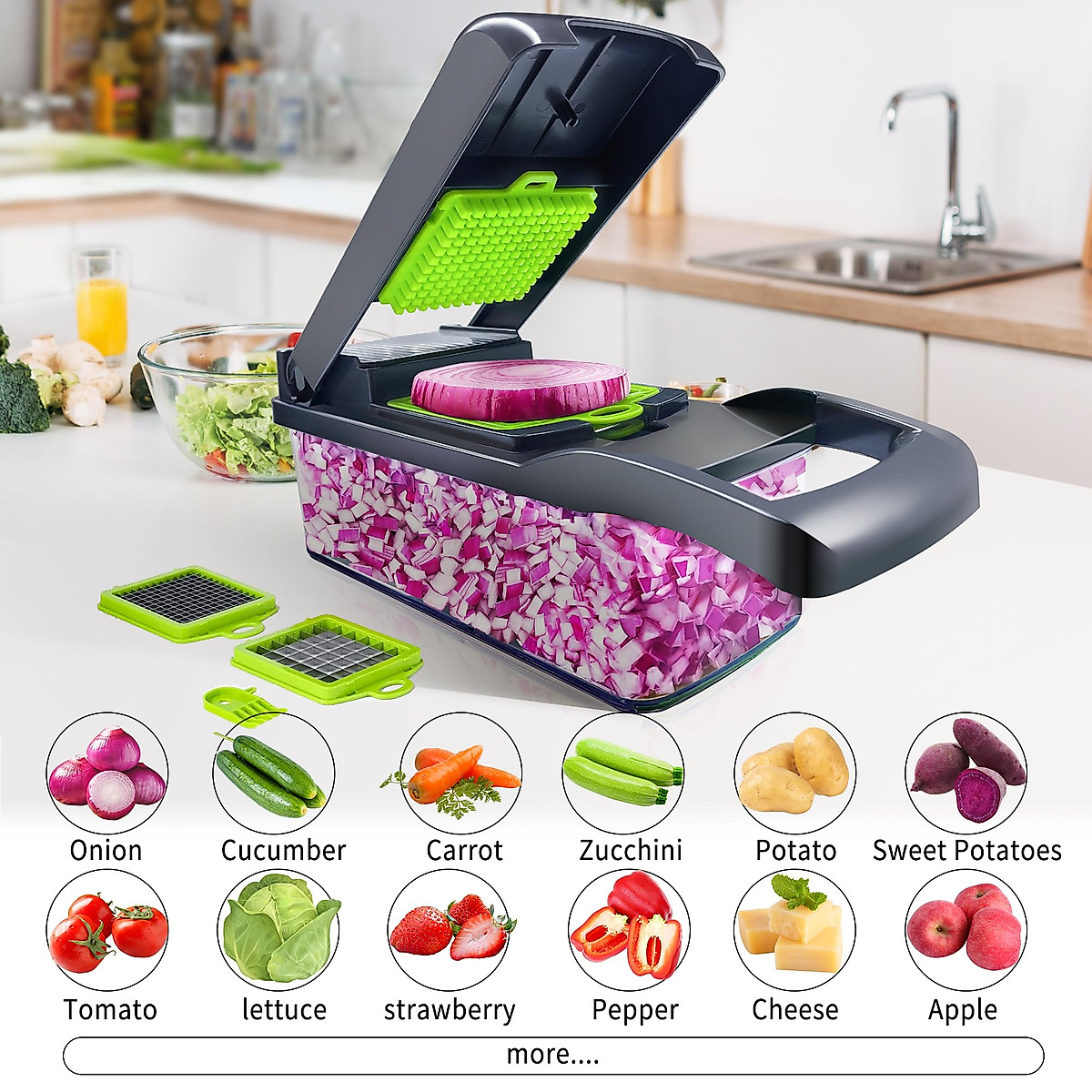 Vegetable with Container Chopper, Onion Cutter, Multifuctional Chopper, Vegetable Slicer Dicer Cutter, Veggie Chopper With 8 Blades, Food Salad Chopper Potato Slicer, Good Assistant in Kitchen