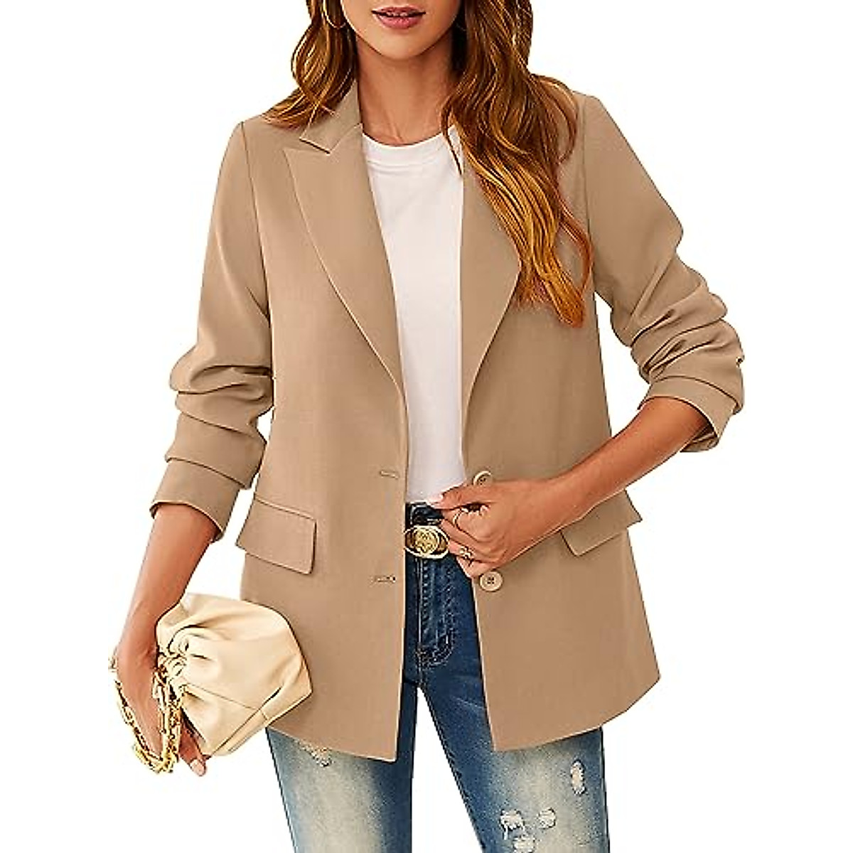 BZB Women's Casual Blazers Long Sleeve Lapel Button Open Front Work Office Blazer Jackets Suit Light Khaki