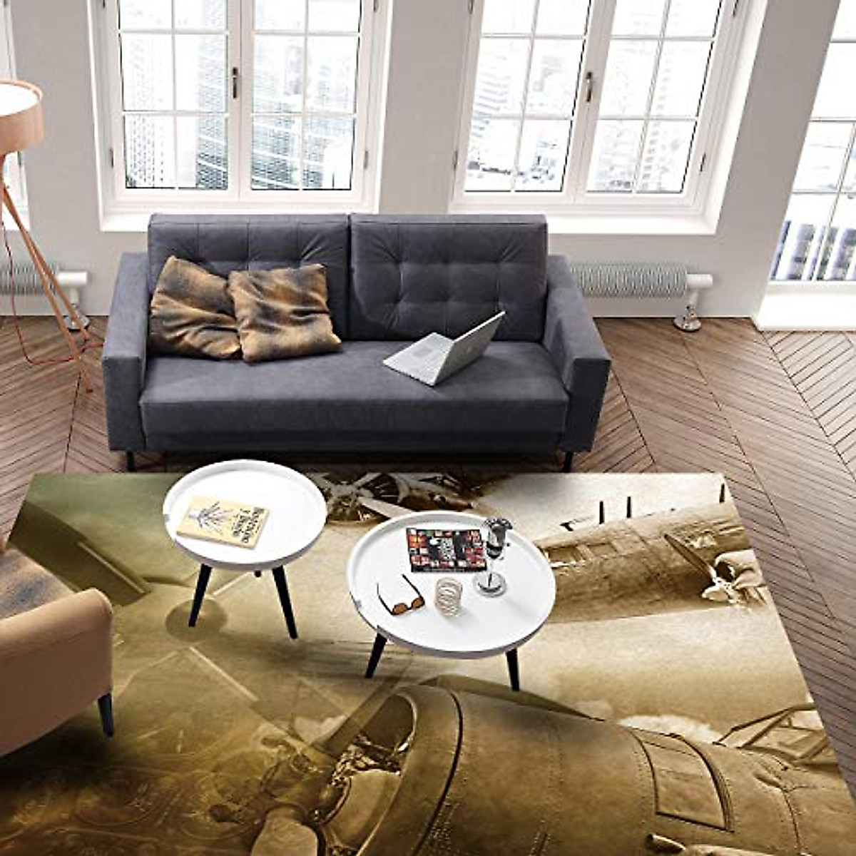 Area Rug, 4x6ft Fluffy Rugs for Living Room, Non-Slip Non-Shedding Shag Carpet for Bedroom Decor, Aircraft Battlefield Air War Area Rugs for Aesthetic Room Decor