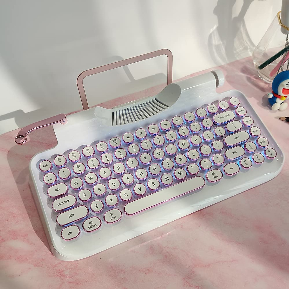 RYMEK Typewriter Style Mechanical Wired & Wireless Keyboard with Tablet Stand, Bluetooth Connection (White)