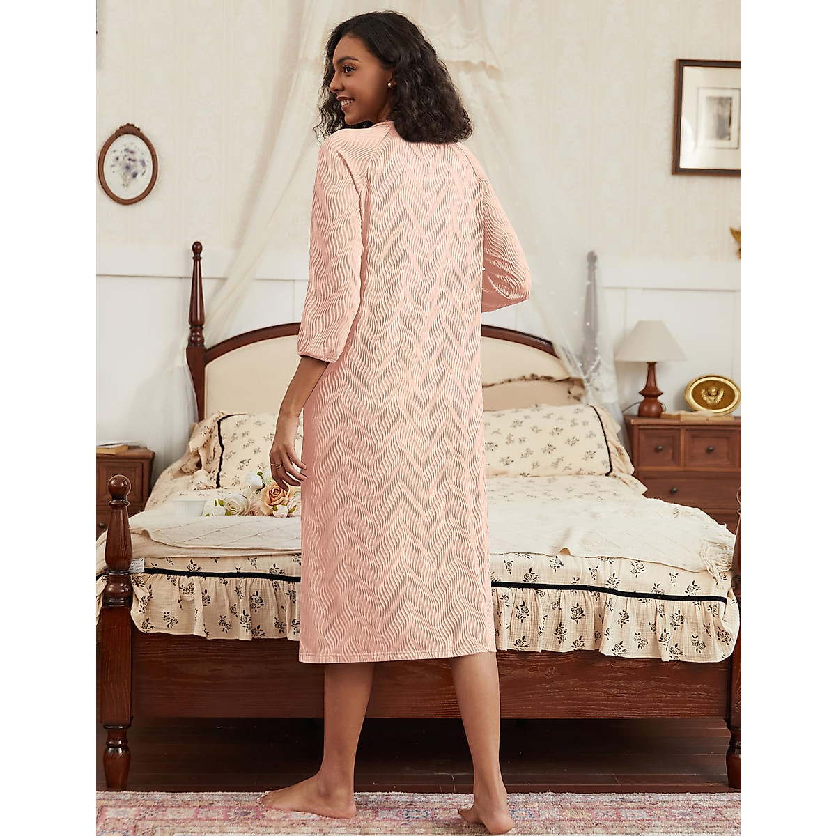 Ekouaer Zipper Robes for Women Ribbed Knit Bathrobe Lightweight Full Length Loungewear with Pockets Misty Pink,L