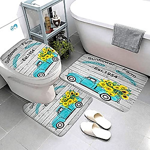Dexsawoi 4pcs Rustic Sunflower Truck Shower Curtain Set with Non-Slip Sunflower Carpet, Toilet lid, and Bath mat. Bathroom Curtain with 12 Hooks 72 x 72 inches