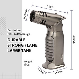 BRISPON Torch Lighter, Quad 4 Jet Flame Windproof Butane Lighter with Safety Lock Adjustable Refillable Lighter for Kitchen Grill BBQ Candle Camping (Butane NOT Included) (Gunmetal)