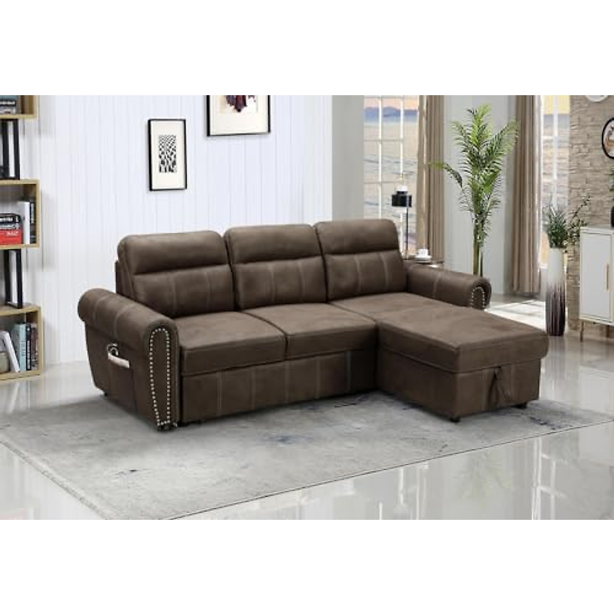 Lilola Home Hugo 96" W Brown Reversible Sleeper Sectional Sofa Chaise with USB Charger