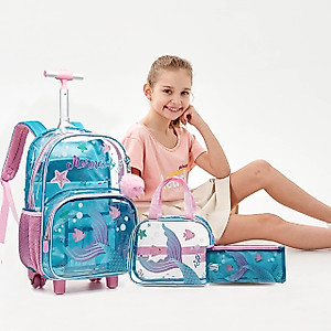 Mermaid Rolling Backpack for Girls Backpack with Wheels for Elementary Kindergarten Roller Backpack on Wheels with Lunch Box Pencil Case for Kids