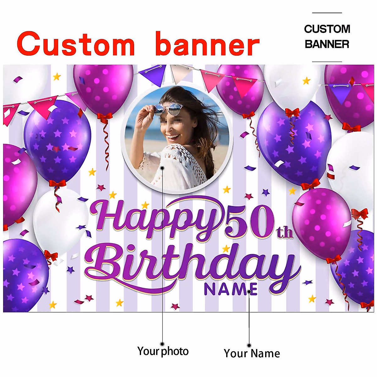 Custom Happy 50th Birthday Decoration Banner - Personalization Available, Purple, Large Size - Custom Photos and Names