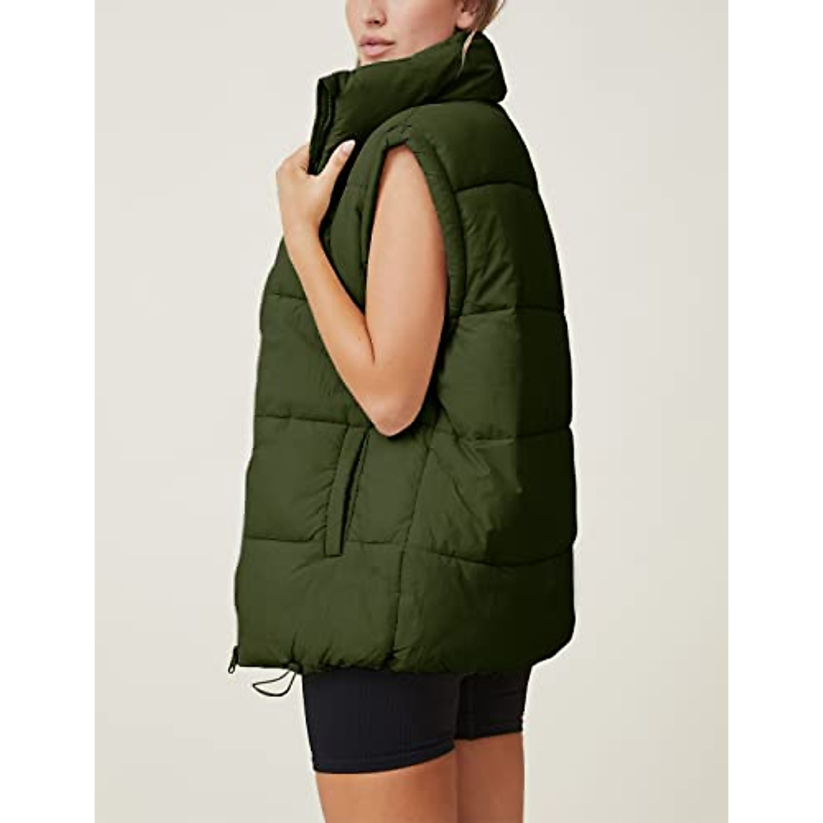 Watashi Women's Quilted Puffer Vest Stand Collar Fall Drawstring Zip Up Sleeveless Gilet Jacket(ArmyGreen-M)